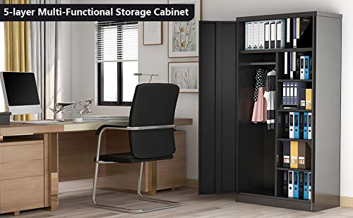 SUXXAN Metal Wardrobe Storage Cabinet, Industrial Steel Storage Cabinet with Adjustable Shelves and Hanging Rod, Modern Style for Home Office, Assembly Required