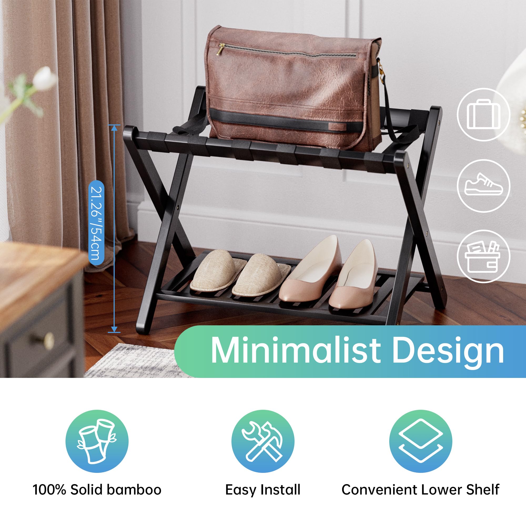 SMIBUY Luggage Rack, Foldable Bamboo Suitcase Stand with Storage Shelf for Guest Room, Bedroom, Hotel, Heavy-Duty, 1 Pack (Black)