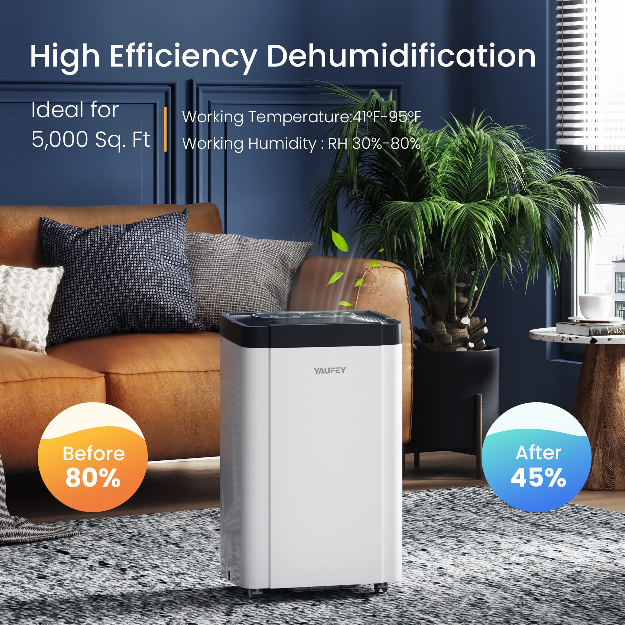 Yaufey 60 Pints Dehumidifier for Home and Basement Cover Spaces up to 5,000 Sq. Ft, Quiet Moisture Remove Intelligent Humidity Control with Drain Hose and 0.79 Gallons Water Tank