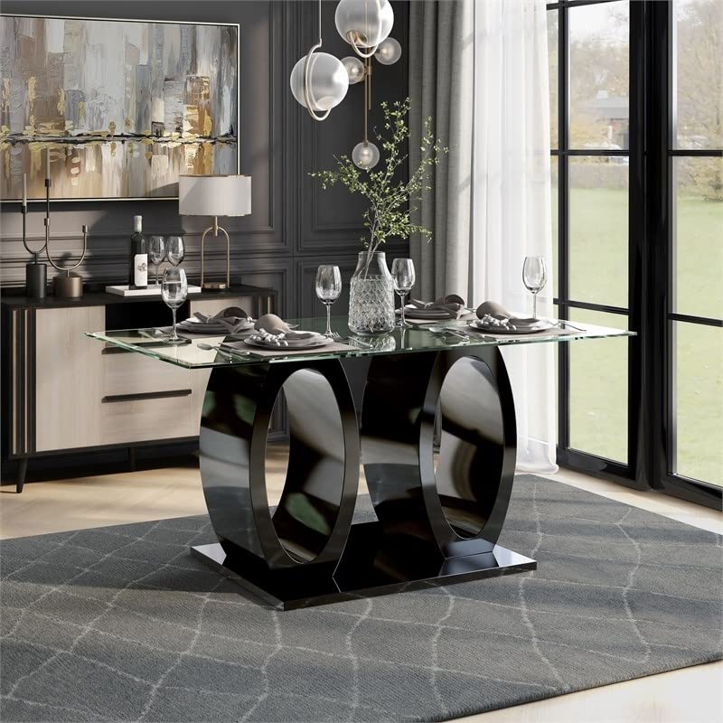 BOWERY HILL Contemporary Tempered Glass Top Double Pedestal Dining Table in Black