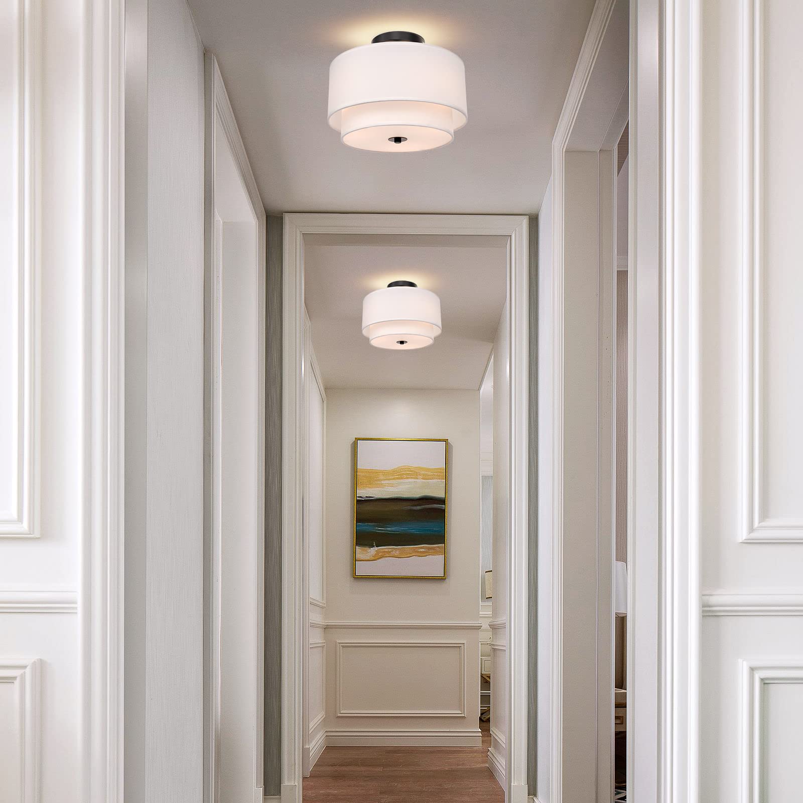 Modern Flush Mount Ceiling Light Fixture - Easric Light Fixtures Ceiling Mount Hallway Light Fixtures Ceiling with White 2-Layer Fabric Shade Drum Ceiling Lights for Bedroom,Living Room,Kitchen,Foyer