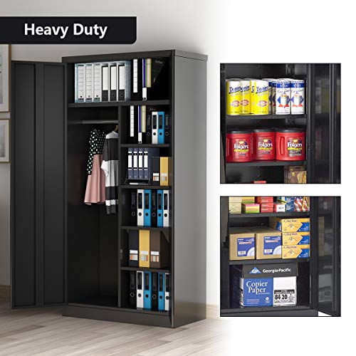 SUXXAN Metal Wardrobe Storage Cabinet, Industrial Steel Storage Cabinet with Adjustable Shelves and Hanging Rod, Modern Style for Home Office, Assembly Required