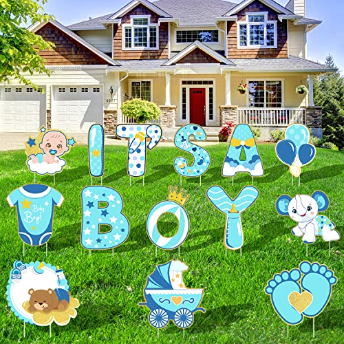 Fayavoo14Pcs ITS A BOY Yard Sign with Stakes Elephant Baby Shower Yard Sign Blue Gender Reveal Yard Sign Welcome Home Yard Sign Baby Shower Gender Reveal Party Decorations