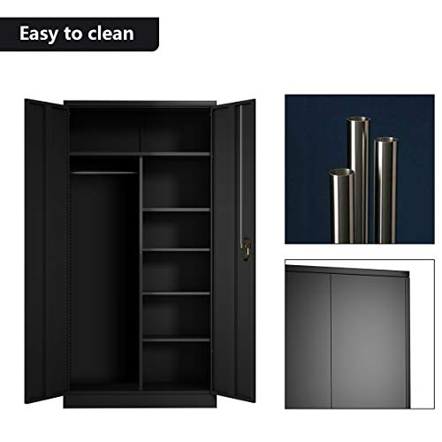 SUXXAN Metal Wardrobe Storage Cabinet, Industrial Steel Storage Cabinet with Adjustable Shelves and Hanging Rod, Modern Style for Home Office, Assembly Required