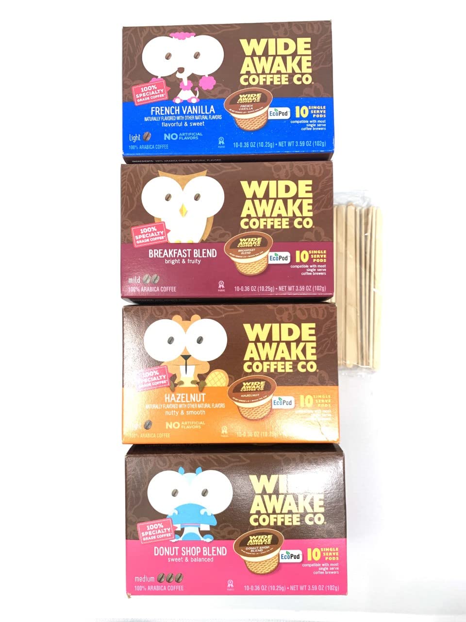 Wide Awake Coffee Variety 4-Pack - French Vanilla, Breakfest Blend, Hazelnut, Donut Shop, with Bonus of 20 Wooden Coffee Stirrers