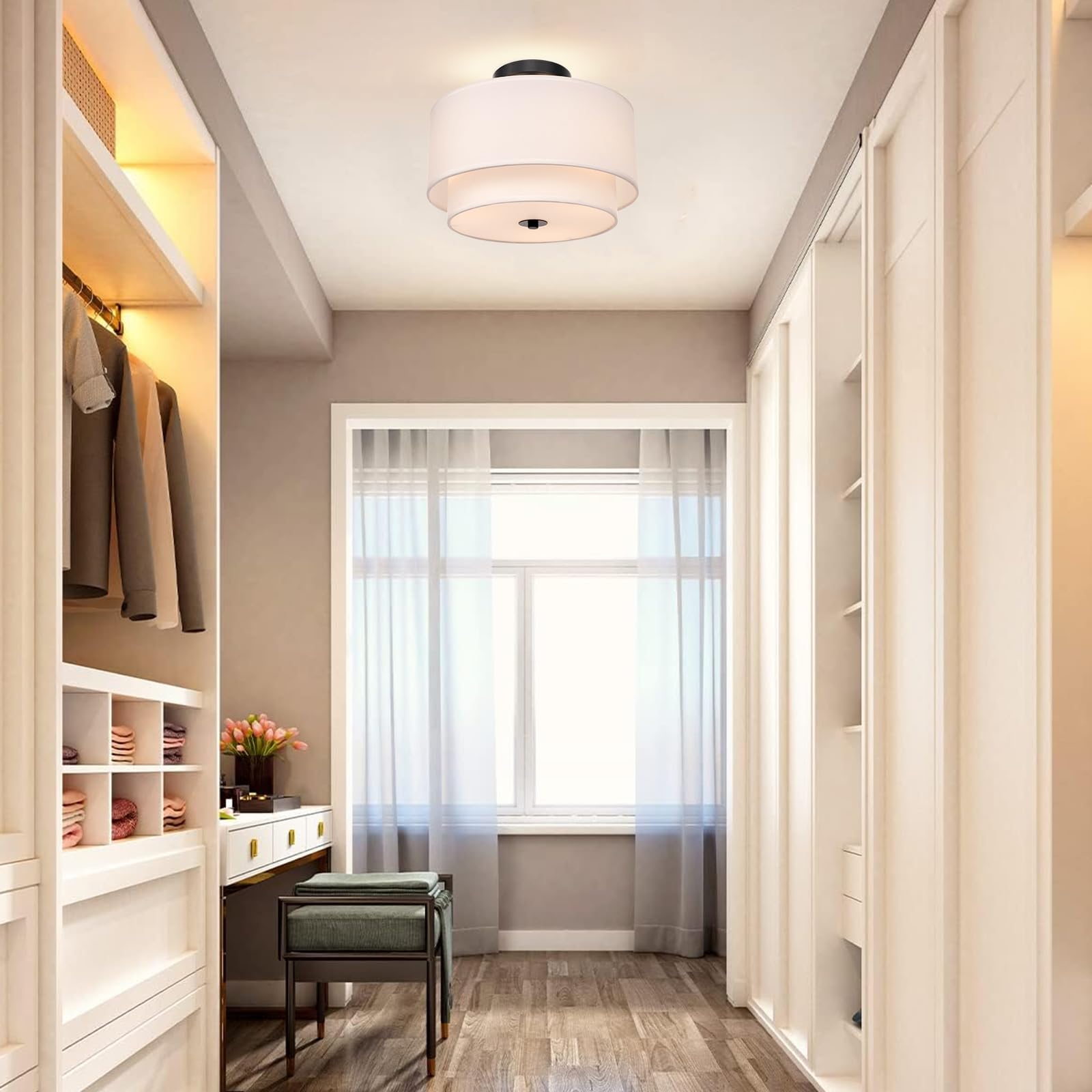 Modern Flush Mount Ceiling Light Fixture - Easric Light Fixtures Ceiling Mount Hallway Light Fixtures Ceiling with White 2-Layer Fabric Shade Drum Ceiling Lights for Bedroom,Living Room,Kitchen,Foyer