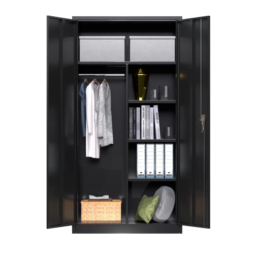 SUXXAN Metal Wardrobe Storage Cabinet, Industrial Steel Storage Cabinet with Adjustable Shelves and Hanging Rod, Modern Style for Home Office, Assembly Required