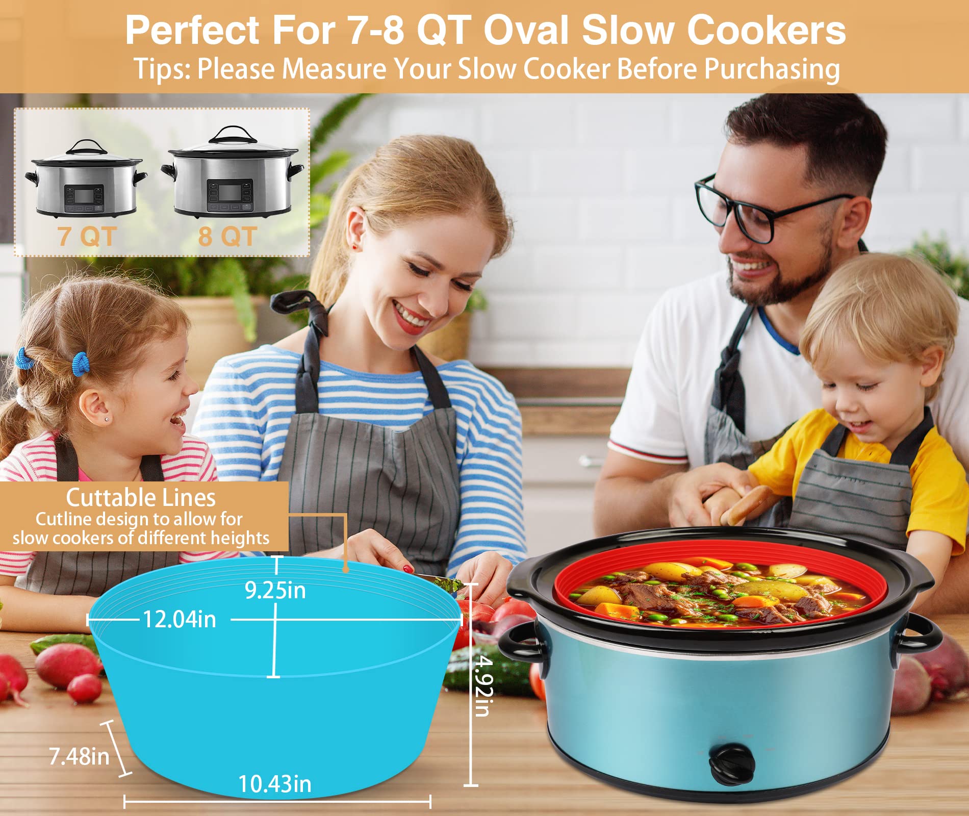 Silicone Slow Cooker Liners fit Crock-Pot 7-8 Quart Oval Slow Cooker，Reusable & Leakproof Dishwasher Safe Cooking Liner for 7 Quart Crock Pot (1pcs-Blue [Fit 7 to 8 QT][12"D x 9.25"W x 4.92"H])