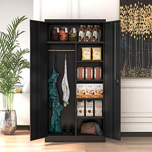 SUXXAN Metal Wardrobe Storage Cabinet, Industrial Steel Storage Cabinet with Adjustable Shelves and Hanging Rod, Modern Style for Home Office, Assembly Required