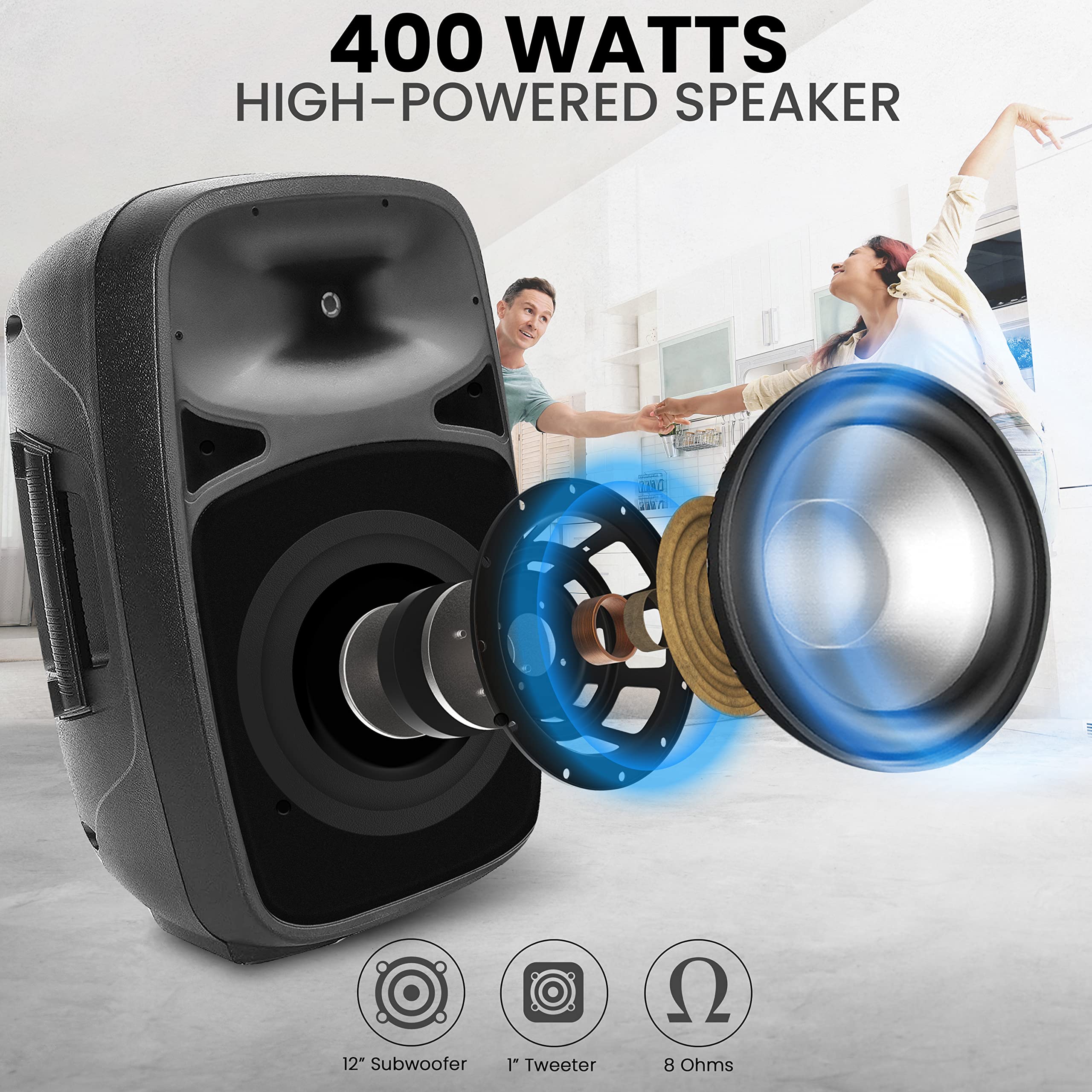 Pyle Powerful Wireless Sound 400W Portable Bluetooth PA Speaker - 12" Indoor/Outdoor Audio System w/Party Lights, Digital Display, FM/AUX/MP3/USB/SD, Handle, Wheels, Microphone, Remote