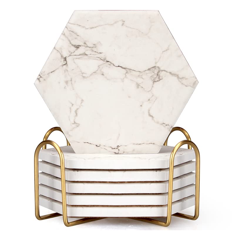 6 Pcs Cute Marble Absorbent Coaster Set with Holder Hexagon Drink Coasters Modern White Ceramic Thirstystone Coasters Cup Wine Coaster Table Bar Coasters Stone Coasters