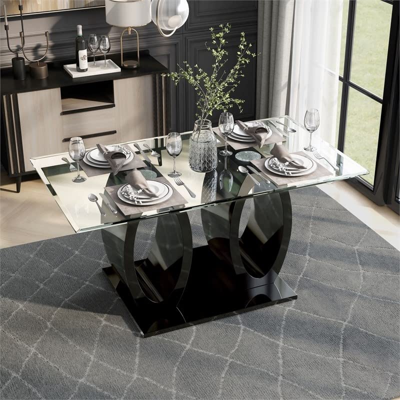 BOWERY HILL Contemporary Tempered Glass Top Double Pedestal Dining Table in Black