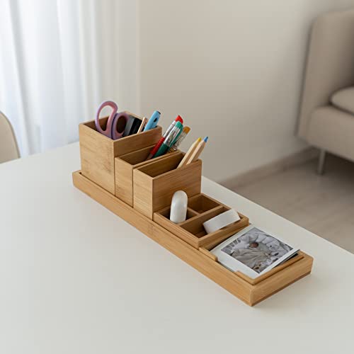 ROCDEER Bamboo Vanity Tray, 6-Piece Bathroom Countertop Vanity Tray Set, Makeup Kitchen Desk Organizer and Storage - Holds Small Items