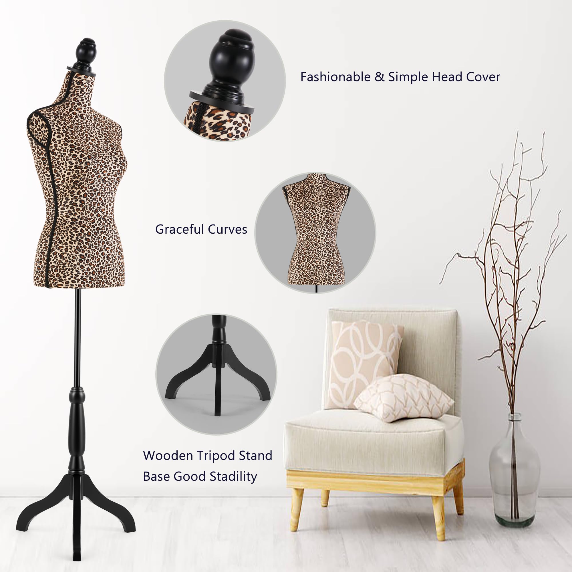 Encomle Dress Form Female Mannequin Torso, Height Adjustable Mannequin Body with Stand for Sewing, Display, Leopard Print