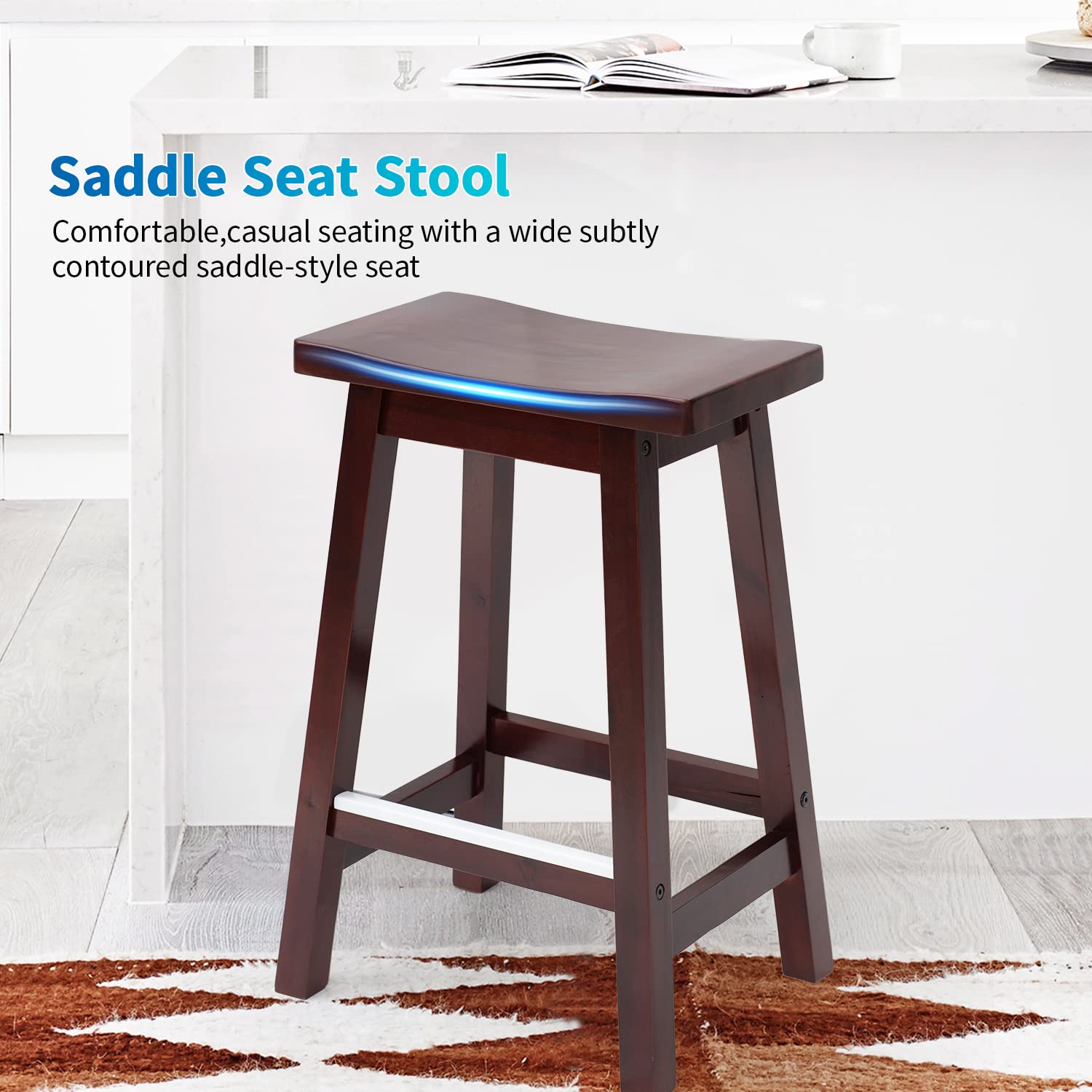 PayLessHere Bar Stools Set of 2 for Kitchen Counter Solid Wooden Saddle Stools 24-Inch Height Home Furniture Barstool, Brown