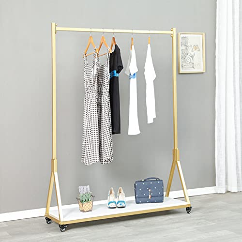 WFDERAN Modern Simple Heavy Duty Metal and Wood Rolling Clothing Garment Rack with Wheel,Creative Commercial Wedding Dress Display Shelf,Floor-Standing Clothes Hangers (Gold with Wood, 47.2" L)