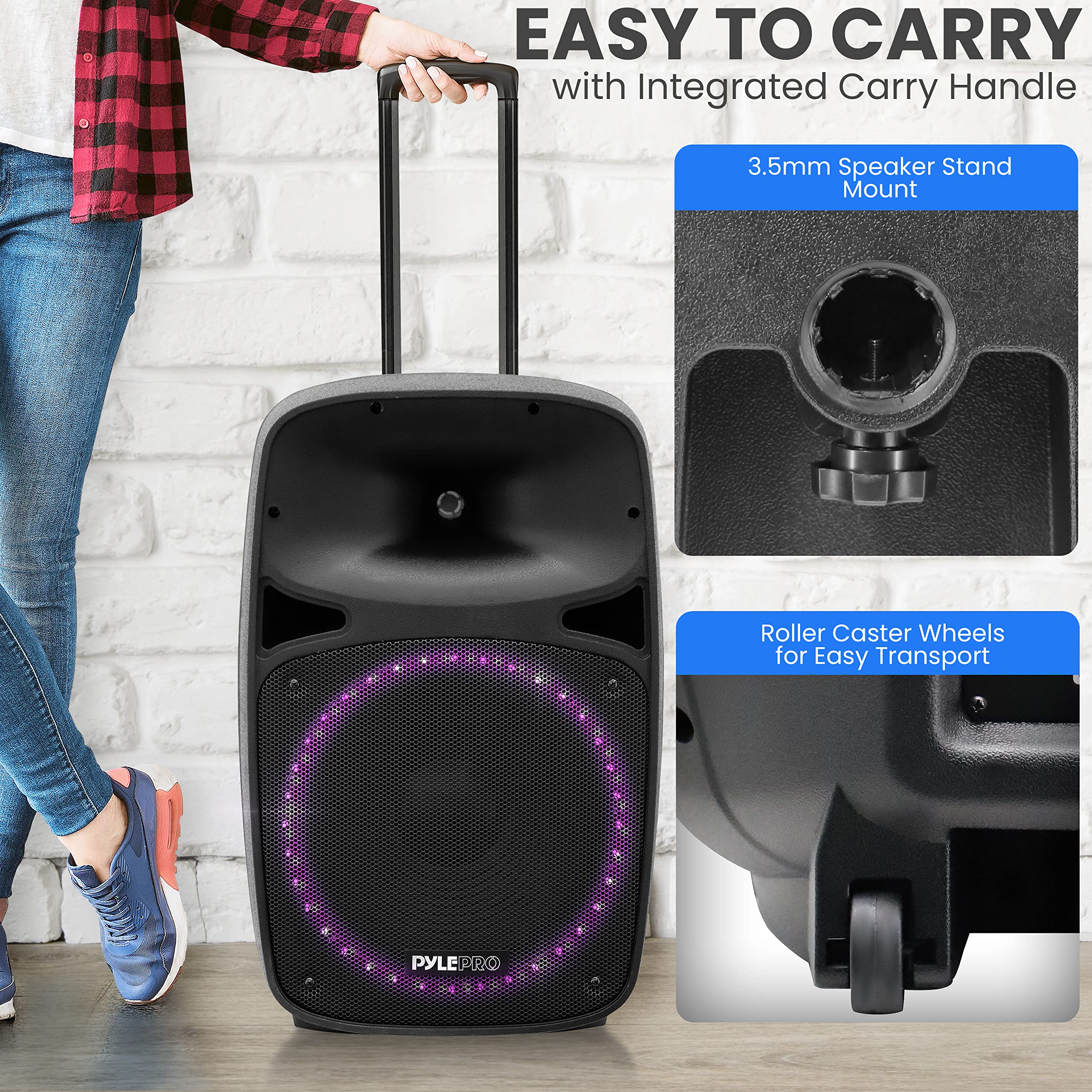 Pyle Powerful Wireless Sound 400W Portable Bluetooth PA Speaker - 12" Indoor/Outdoor Audio System w/Party Lights, Digital Display, FM/AUX/MP3/USB/SD, Handle, Wheels, Microphone, Remote