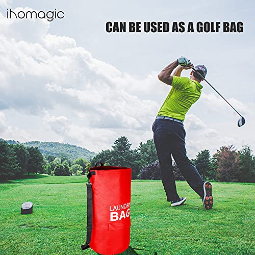 IHOMAGIC 71L Laundry Bag Backpack with Adjustable Shoulder Straps and Pocket, Hanging Fabric Laundry Hamper, Portable Laundry Baskets with Buckle, Extra Large Dirty Clothes Hamper for Laundry (Red)