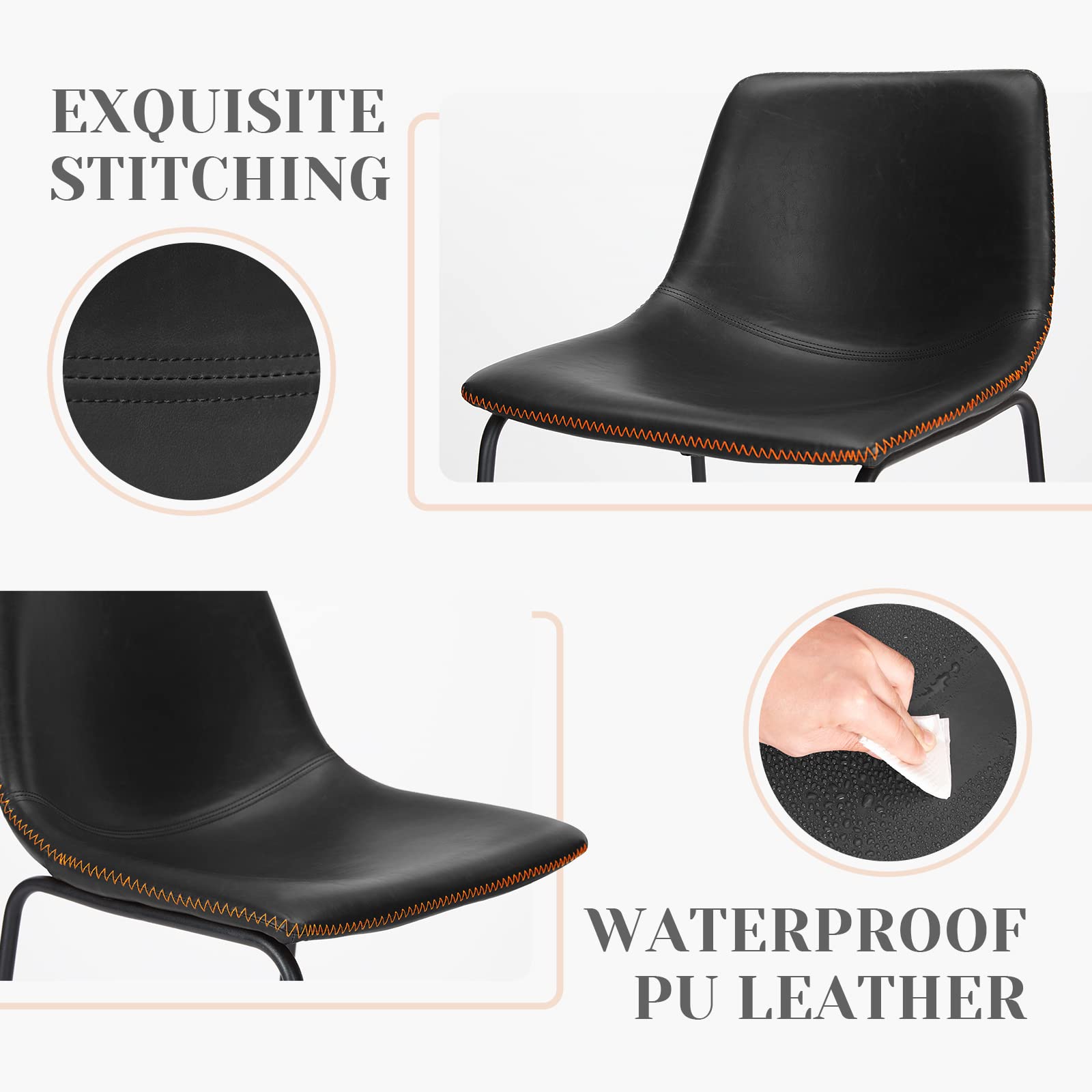 Bar Stools Set of 2, Counter Height Bar Stools with Back, 26 inch Armless Industrial Faux Leather Barstools with Metal Legs and Footrest, Modern Dining Chairs for Home Kitchen Island, Black