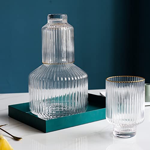 1500 C Tabletop Tiara Optic Swirl Bedside Carafe 1 Pitcher 59 oz. and 2 Tumblers 11.5 oz. Gold Rim Bedside Water Carafe with Glass Cups for Nightstand
