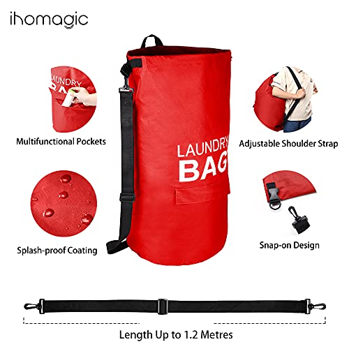 IHOMAGIC 71L Laundry Bag Backpack with Adjustable Shoulder Straps and Pocket, Hanging Fabric Laundry Hamper, Portable Laundry Baskets with Buckle, Extra Large Dirty Clothes Hamper for Laundry (Red)