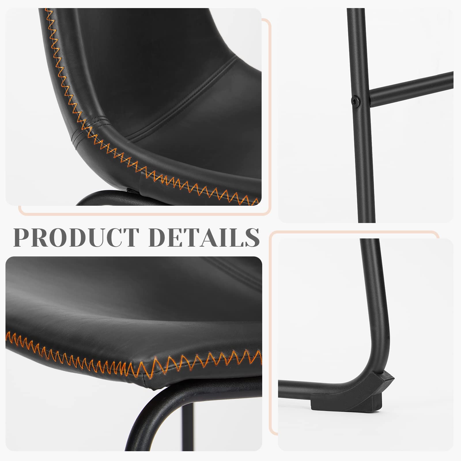 Bar Stools Set of 2, Counter Height Bar Stools with Back, 26 inch Armless Industrial Faux Leather Barstools with Metal Legs and Footrest, Modern Dining Chairs for Home Kitchen Island, Black