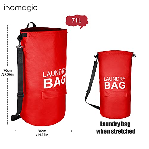 IHOMAGIC 71L Laundry Bag Backpack with Adjustable Shoulder Straps and Pocket, Hanging Fabric Laundry Hamper, Portable Laundry Baskets with Buckle, Extra Large Dirty Clothes Hamper for Laundry (Red)