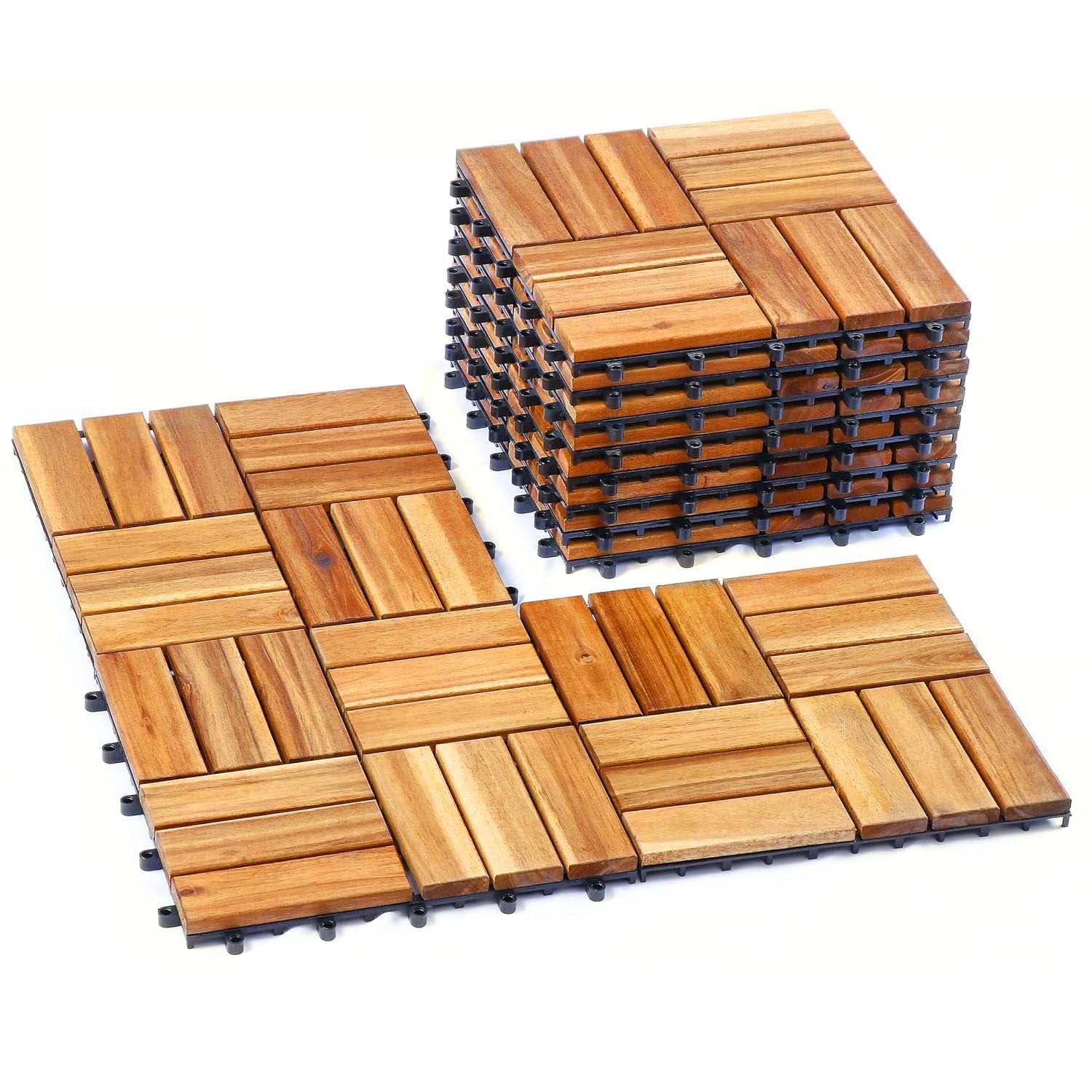12 Slats Style, Pack of 9 Pieces, Premium Wood(Not Softwood Fir/Pine) Interlocking Deck Tiles, Patio Pavers Floor, Flooring, Decor, D.I.Y, Decking, Wholesales, 8.72 Square Feet, Brown(Sale Off 3 Days)