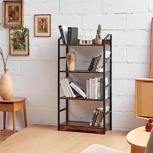 Vagusicc Industrial Display Standing Bookshelf, 4-Tier Tall Bookcase Wood Book Shelf, Modern Book Shelf Storage Organizer Steel Frame, Multipurpose Bookshelf for Living Room/Bedroom/Kitchen/Bathroom