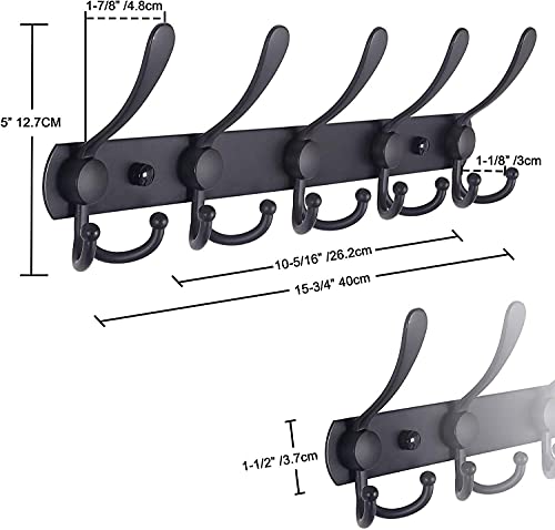 Wall Mounted Coat Rack - 5 Tri Hooks, Heavy Duty, Stainless Steel, Metal Coat Hook Rail for Coat Hat Towel Purse Robes Mudroom Bathroom Entryway (Black)
