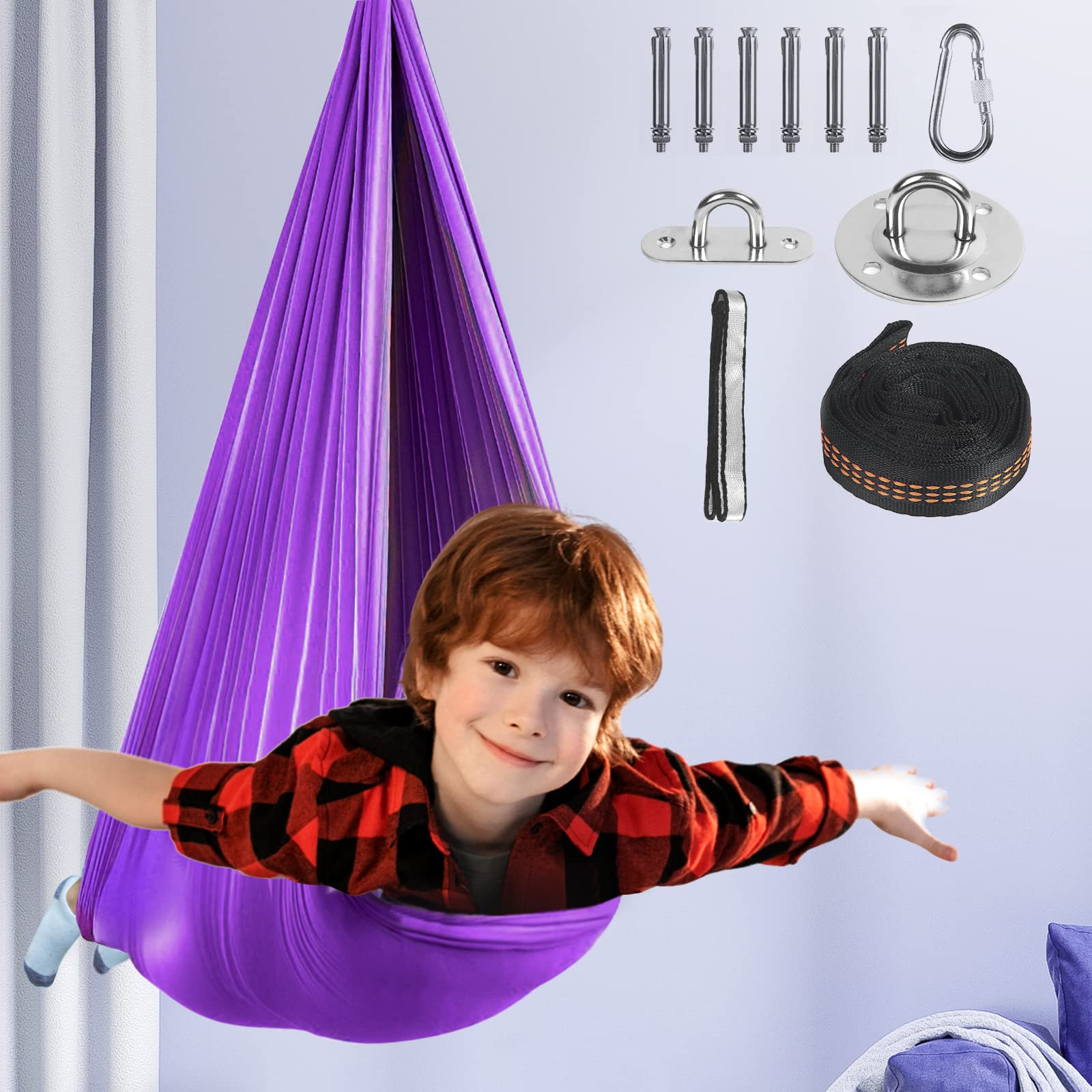 LOKEISNA Sensory Swing for Kids Indoor, Purple Kids Indoor Swing and Hammock Chair with Hardware,Comfortable and Adjustment Therapy Swing for Kids Indoor and Outdoor Space