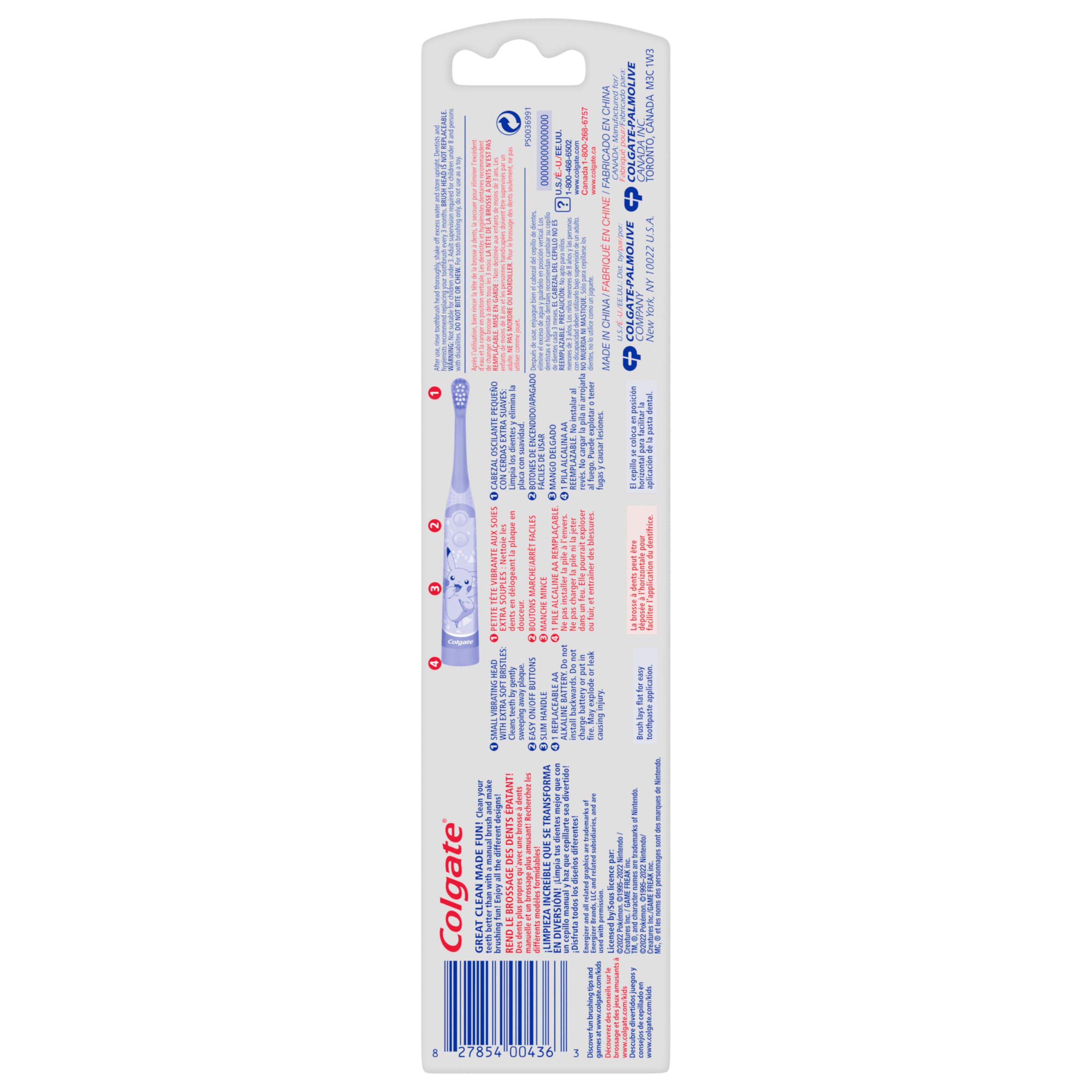 Colgate Kids Battery Powered Toothbrush, Kids Battery Toothbrush with Included AA Battery, Extra Soft Bristles, Flat-Laying Handle to Prevent Rolling, Pokemon Toothbrush, 1 Pack (Style May Vary)