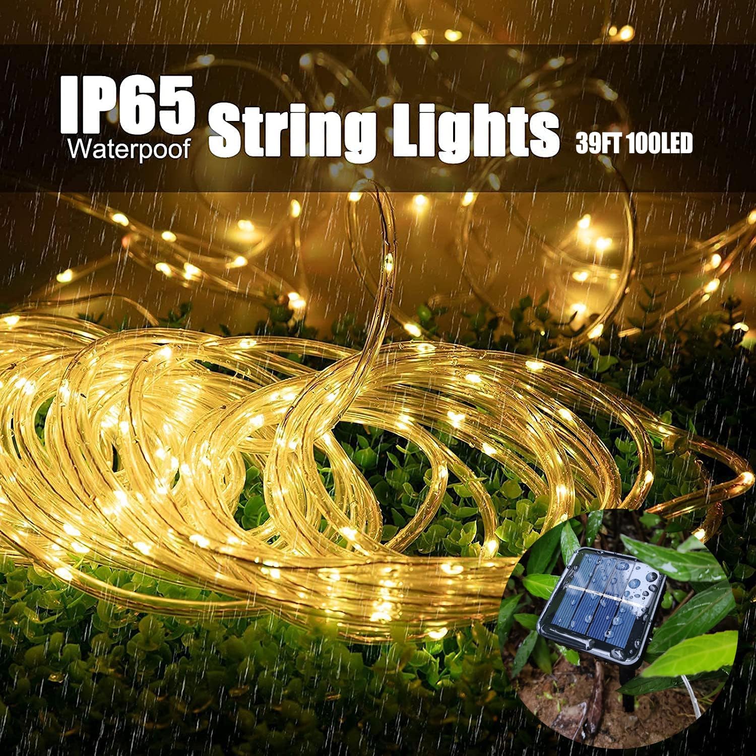 Solar Rope Light Waterproof IP65 39FT 100LEDs Outdoor LED Solar Outdoor Lights for Party Garden Yard Home Wedding Christmas Halloween Holiday Tree Decoration Lighting