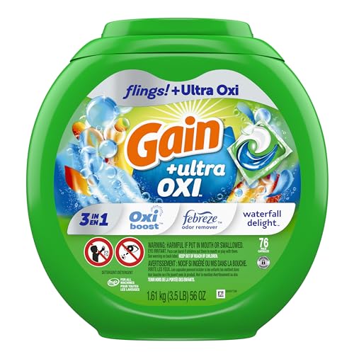 Gain flings Ultra Oxi Laundry Detergent Pacs 3-in-1 HE Compatible, Waterfall Delight Scent, 76 Count
