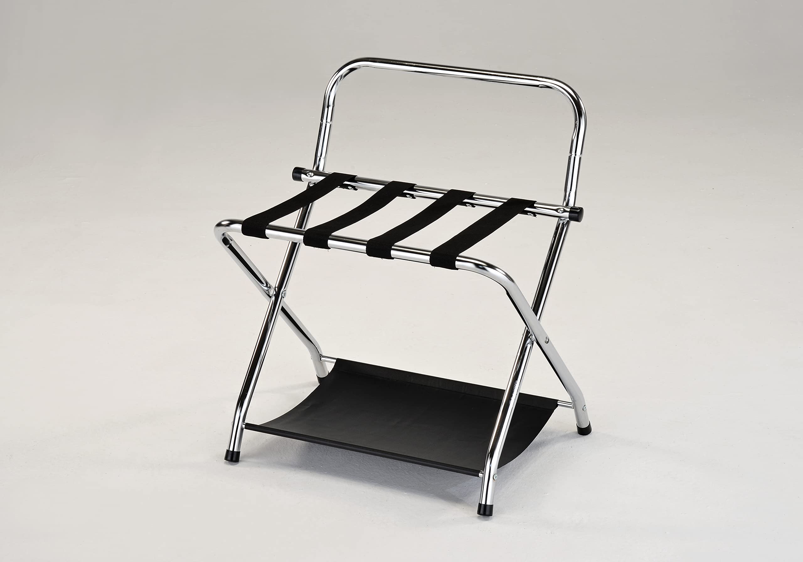 KB Designs - Chrome Metal Folding Luggage Rack, Suitcase Stand with Storage Shelf for Guest Room Bedroom Hotel