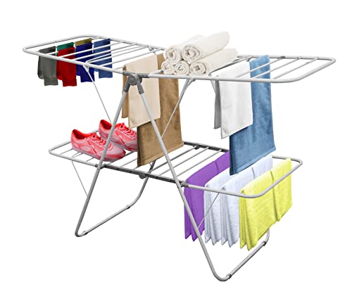 Brookstone [2 Tier [Double Spaced] Foldable Clothes Drying Rack, Collapsible Laundry Hanger, NO Installation Required - Ready Out of The Box