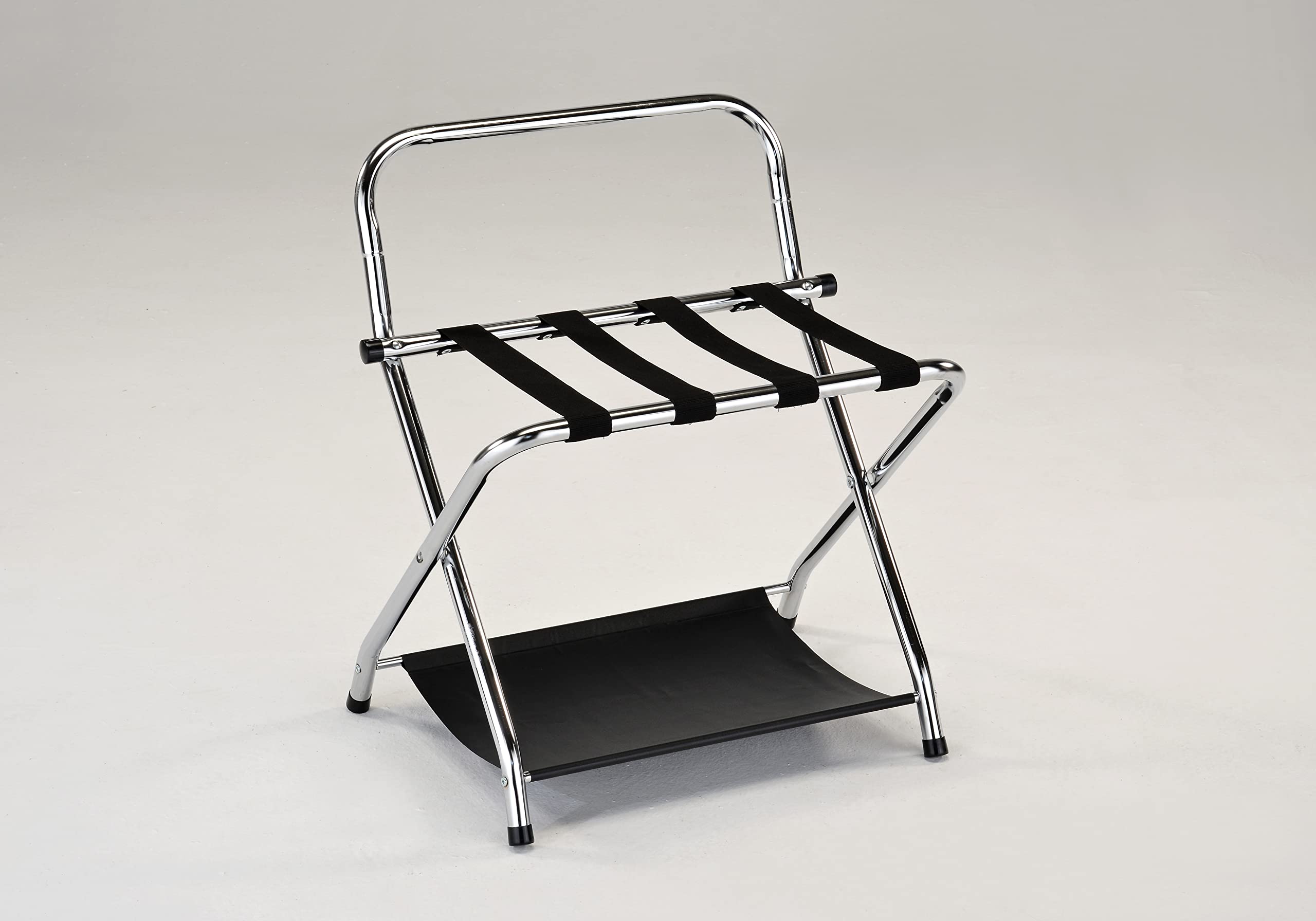 KB Designs - Chrome Metal Folding Luggage Rack, Suitcase Stand with Storage Shelf for Guest Room Bedroom Hotel