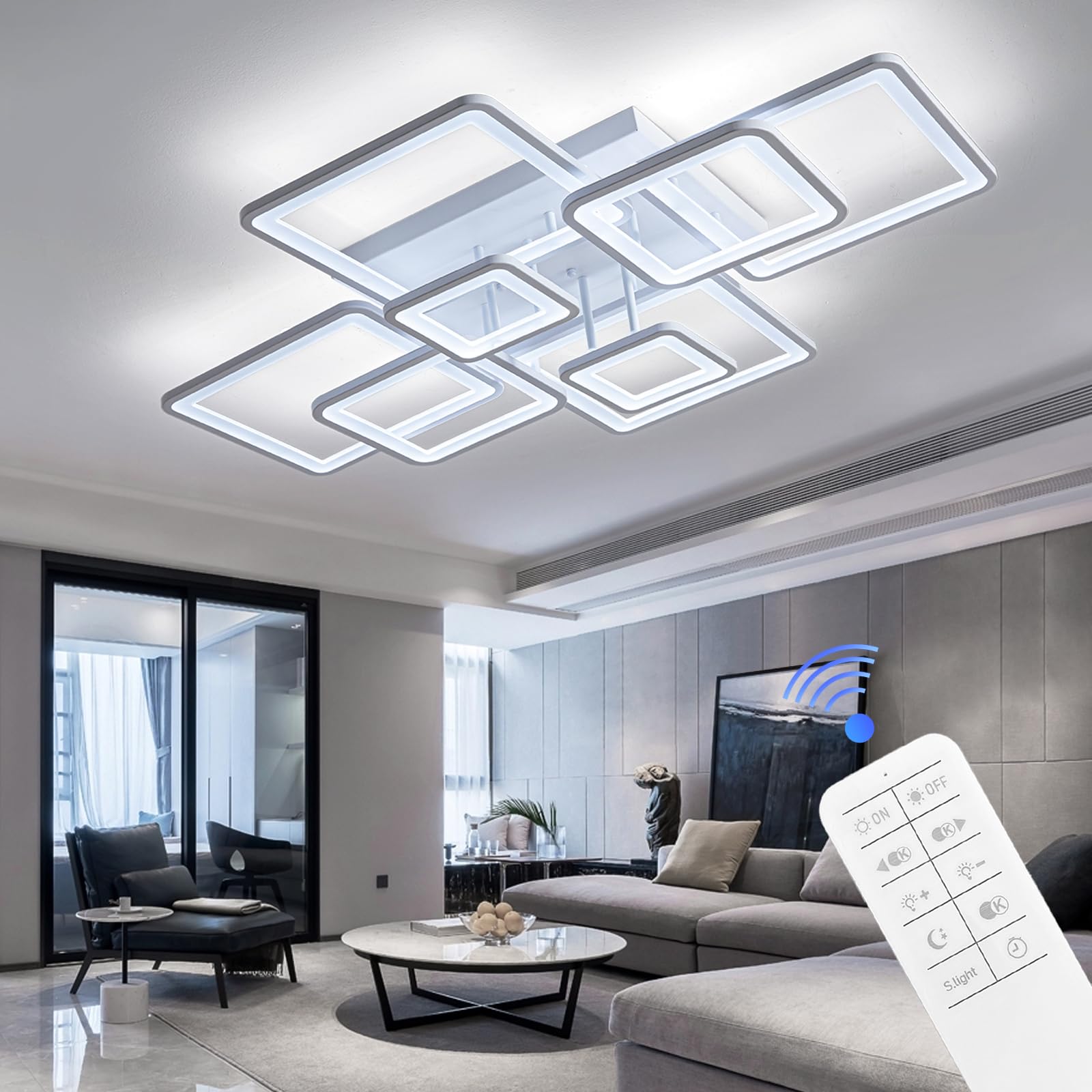 Shine LUEST Modern Dimmable LED Ceiling Lights, White Flush Mount Light Fixtures with Remote Control, Large Square 8-Ring Lamps for Living Room, Bedroom, 100W