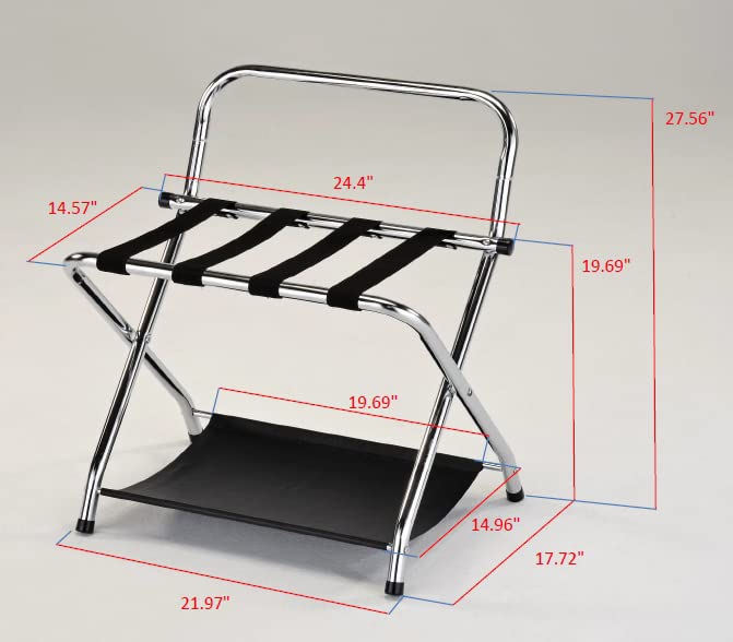 KB Designs - Chrome Metal Folding Luggage Rack, Suitcase Stand with Storage Shelf for Guest Room Bedroom Hotel