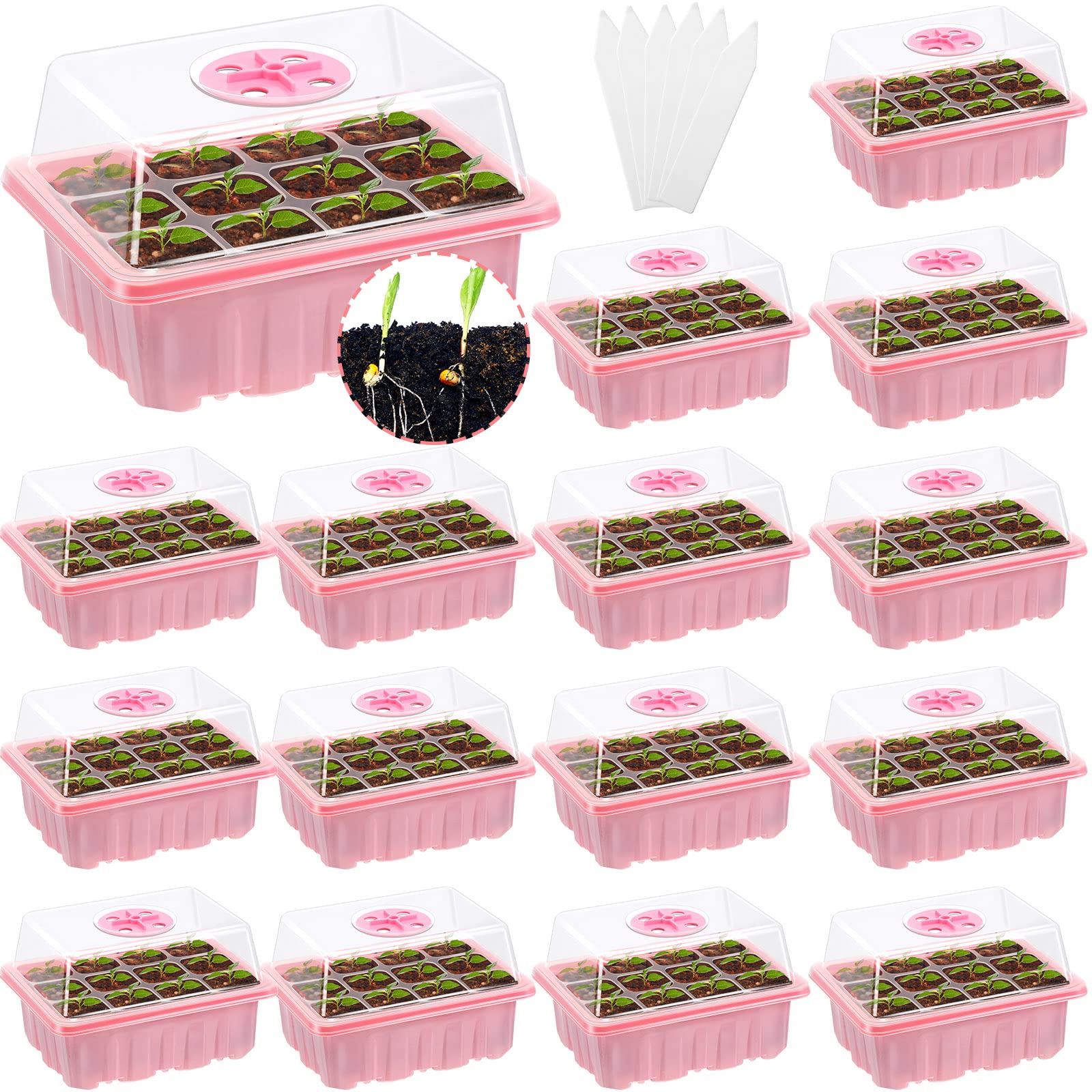 20 Set Seed Starter Tray Seed Starter Kit with Humidity Dome 240 Cells Total Plant Germination Trays with Drain Hole Reusable Propagation Tray Base Mini Greenhouse for Seedling Starting Growing