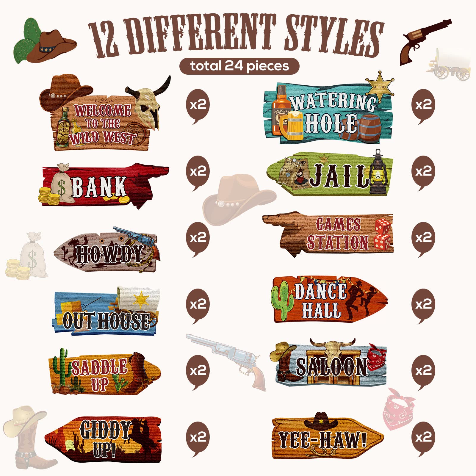 Faccito 24 Pcs Western Party Directional Sign Yard Cowboy Rodeo Theme Cutouts Wild West Welcome Sign Decor for Western Birthday Photo Props Backdrop Wall Party Decorations(null)