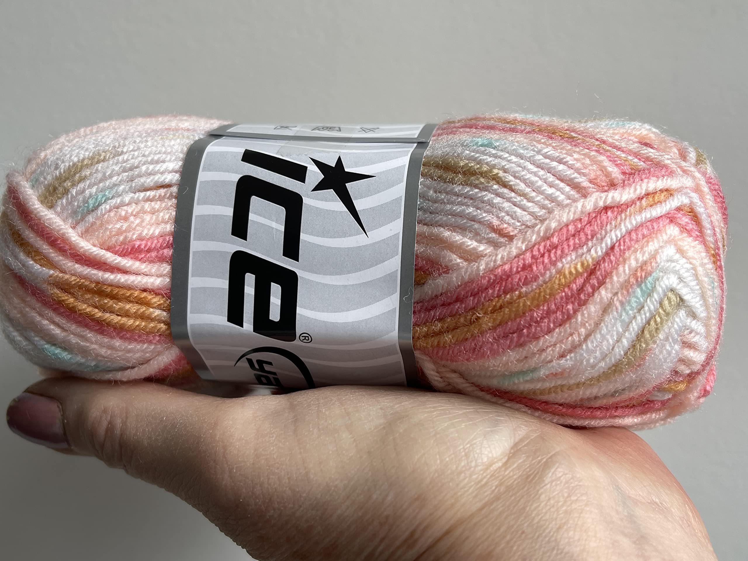 Salmon Mini Baby Design DK Yarn - Acrylic Wool Blend Self-Patterning Yarn 50 Gram, 142 Yards - Salmon, Amber Blue, White +