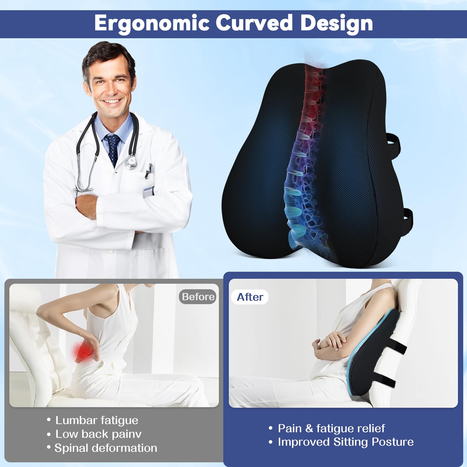 Lumbar Support Pillow for Office Chair, Cooling Memory Foam Pillow for Back Pain Relief, Ergonomic Back Support Pillow with Dual Extension Straps for Car, Couch, Recliner, Gaming Chair, Black