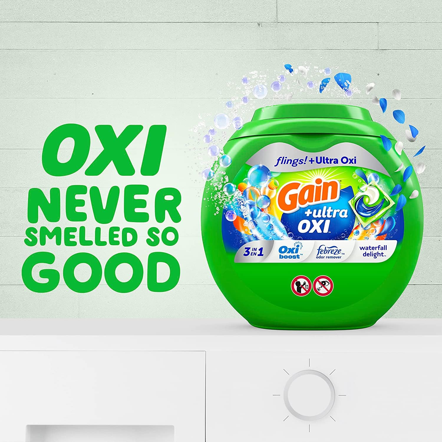 Gain flings Ultra Oxi Laundry Detergent Pacs, 60 Count, Waterfall Delight Scent, 3-in-1, HE Compatible