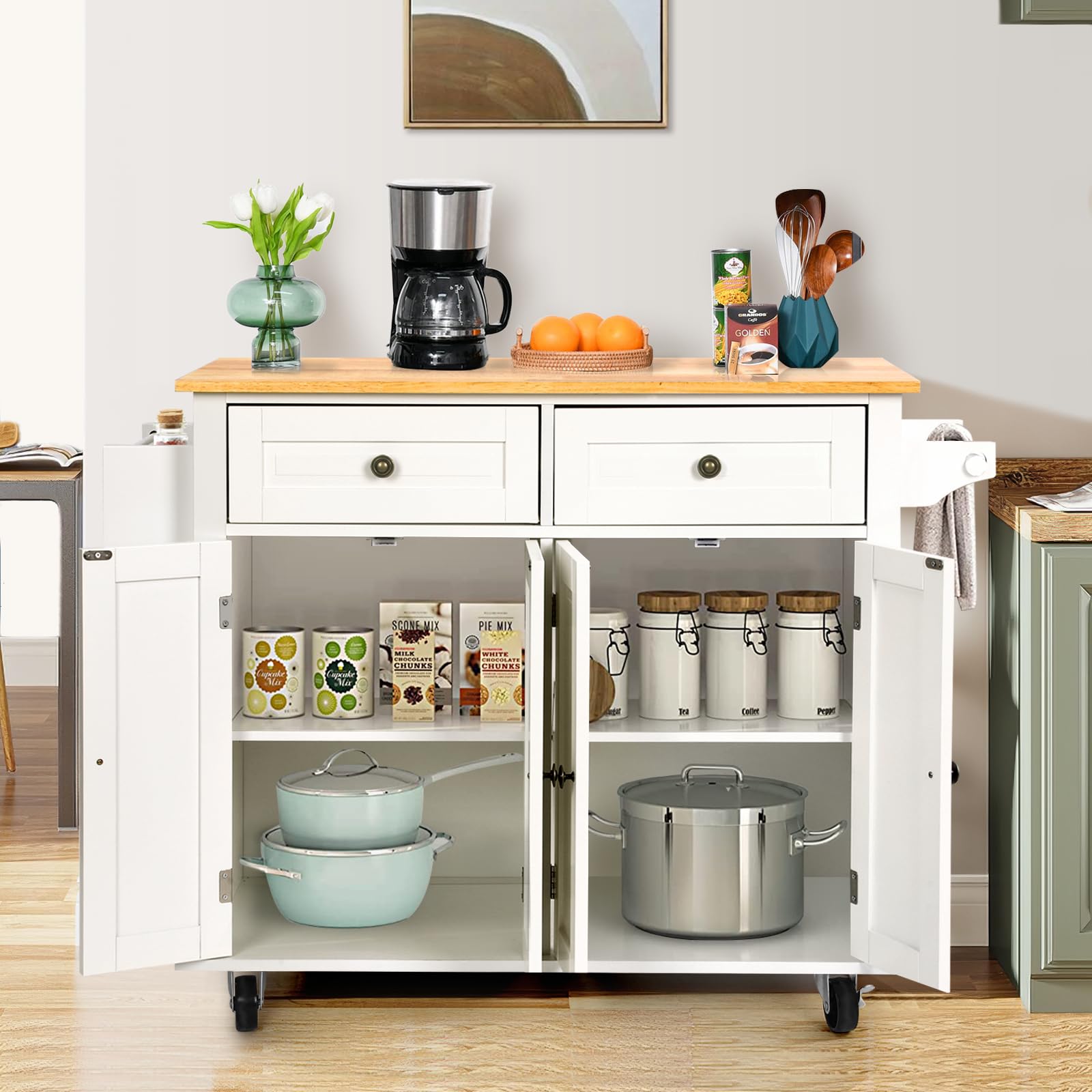 TUSY 43" Kitchen Island with Storage, Rolling Kitchen Cart with Lockable Wheels, Solid Wood Tabletop Kitchen Island Table for Kitchen, Living Room, White