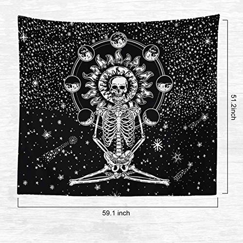 Skull Tapestry Human Skeleton Tapestry Meditation Skeleton Tapestry Black and White Stars Tapestry for Bedroom Living Room-H51.2×W59.1 inches