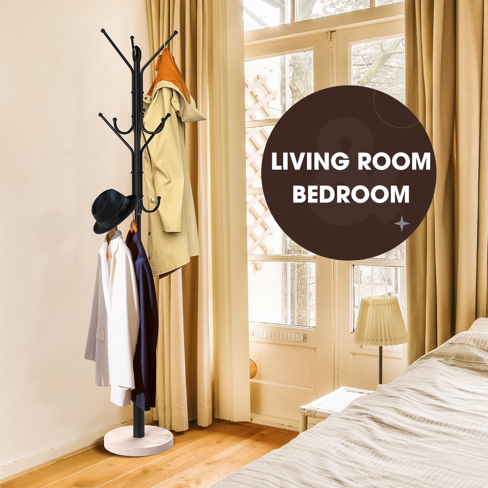Ulimart Coat Racks Free Standing,Metal Sturdy Coat Rack with 12 Storages,Coat Tree with Natural Marble Base,For Hanging Coat Bags Hats Umbrella,For Entryway Bedroom Office