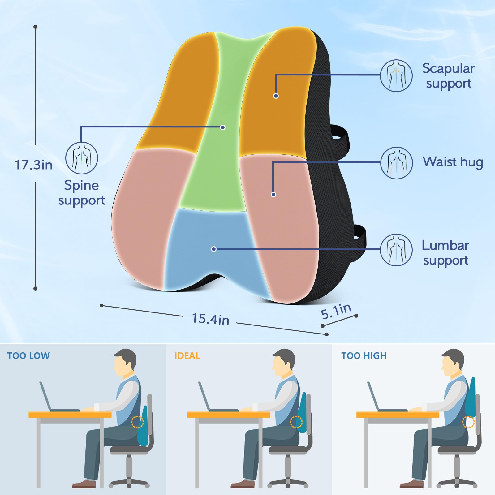 Lumbar Support Pillow for Office Chair, Cooling Memory Foam Pillow for Back Pain Relief, Ergonomic Back Support Pillow with Dual Extension Straps for Car, Couch, Recliner, Gaming Chair, Black