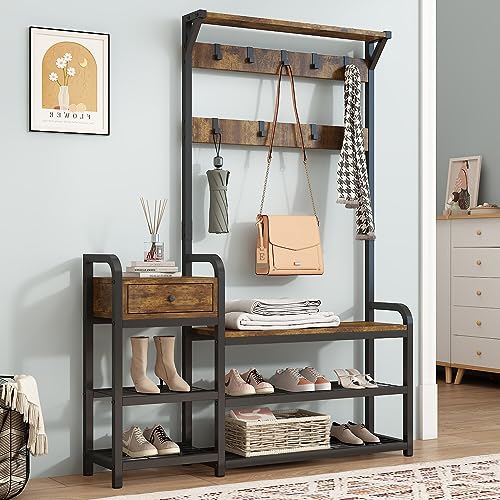 JUNZYOUY 5 in 1 Entryway Coat Rack Shoe Bench,Hall Tree with Bench, Entryway Bench with Coat Rack, with Shoe Rack, Storage Drawer, 9 Hooks, Coat Rack with Bench, Rustic Brown.