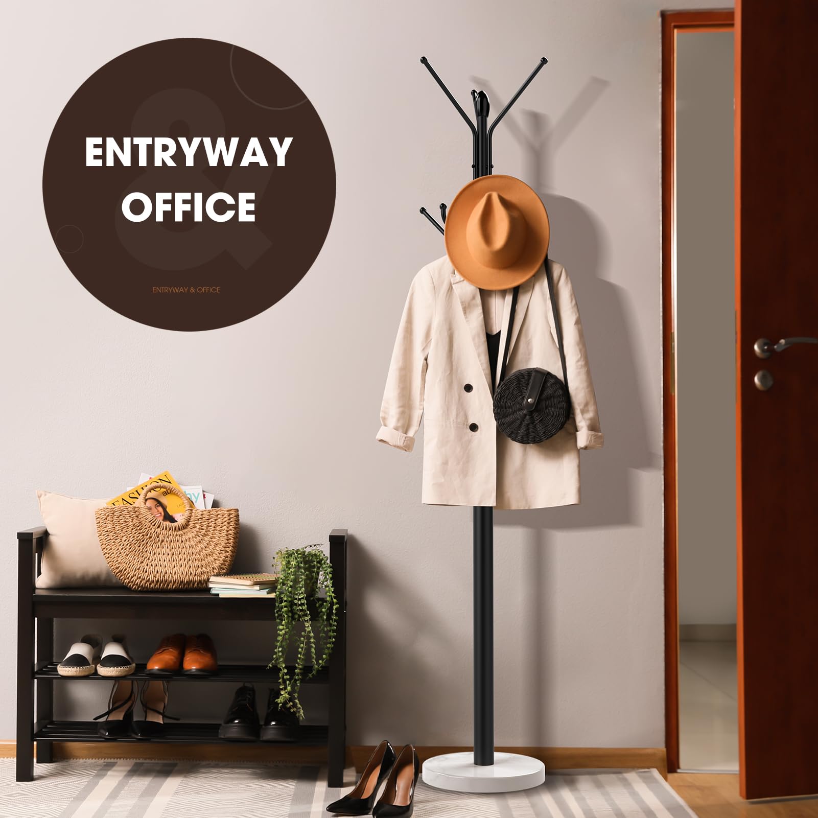 Ulimart Coat Racks Free Standing,Metal Sturdy Coat Rack with 12 Storages,Coat Tree with Natural Marble Base,For Hanging Coat Bags Hats Umbrella,For Entryway Bedroom Office